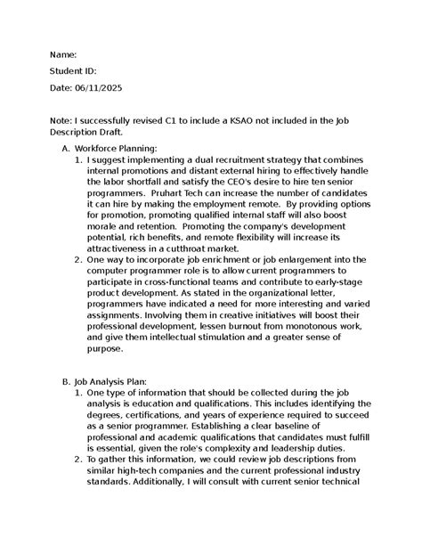 Talent Acquisition D354 Task 1 Workforce Planning Job Analysis Studocu