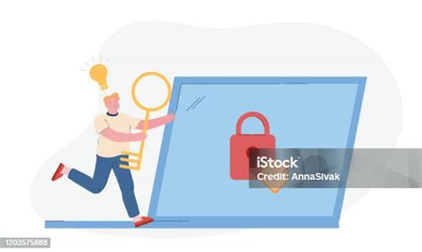 해피 맨은 화면에 자물쇠와 방패와 노트북에 머리 위의 손에 거대한 열쇠와 빛나는 전구와 함께 실행합니다 남성 캐릭터 사용자 기억 분실 된 계정 암호 만화 플랫 벡터 일러스트