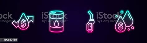 라인 유가 상승 배럴 오일 가솔린 펌프 노즐 및 달러 기호로 하락을 설정합니다 빛나는 네온 아이콘입니다 벡터 0명에 대한 스톡 벡터 아트 및 기타 이미지 Istock