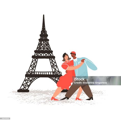에펠탑의 전경을 조망할 수 있는 파리 거리에서 춤추는 파리 부부의 귀여운 일러스트 손으로 그린 벡터 배너 카드 디자인 만화에