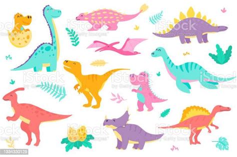귀여운 공룡 고립 된 개체 세트 화려한 공룡의 다른 유형의 컬렉션 계란에서 공룡 아기 재미있는 선사 시대 쥬라기 파충류 플랫 만화의 디자인 요소의 벡터 일러스트레이션 공룡에