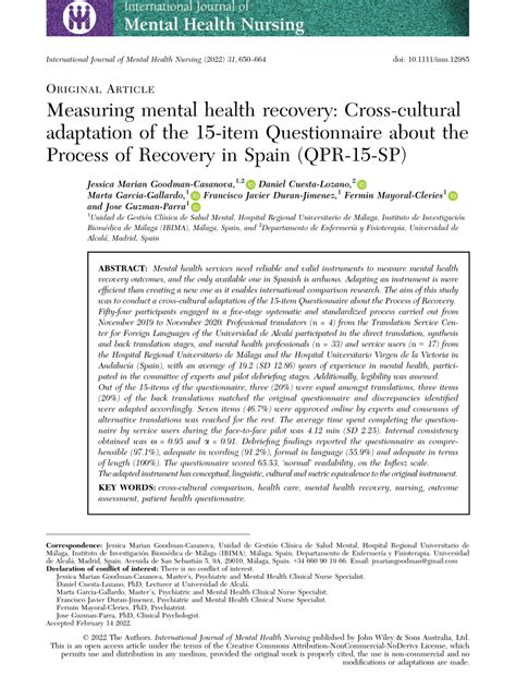 Pdf Measuring Mental Health Recovery Cross‐cultural Adaptation Of The 15‐item Questionnaire