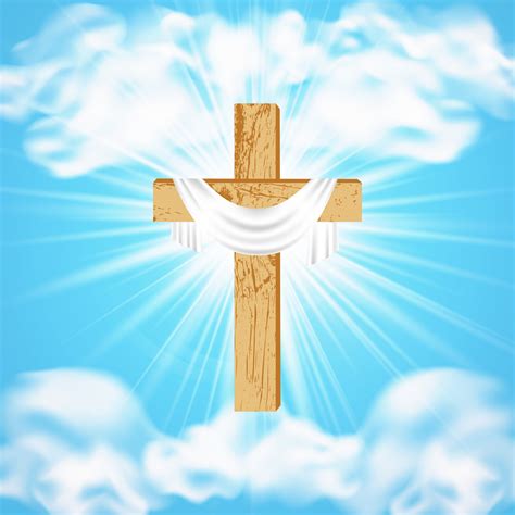 He Is Risen Easter Light Blue Background With Christian Wooden Cross And Glowing Skies