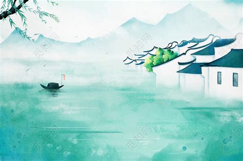 清新古风水彩水乡小船古风水墨背景图片素材下载 觅知网