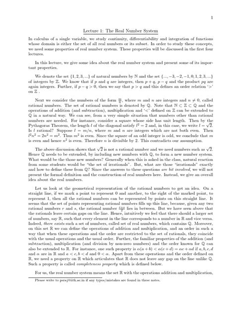 1 The Real Number System Mth111m Pdf Real Number Integer