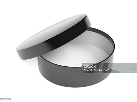 둥근 상자 뚜껑이 있는 검은색 판지 열기 3d 렌더링 일러스트레이션 격리 0명에 대한 스톡 사진 및 기타 이미지 0명 3