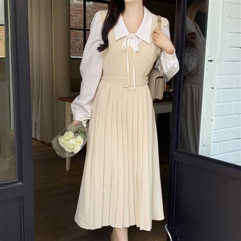 아뜨랑스 벨트set격식룩 레브아 플리츠 뷔스티에 롱 원피스 레이어드원피스뷔스티에원피스나시원피스하객룩출근룩데이트룩 Op15686 벚꽃룩