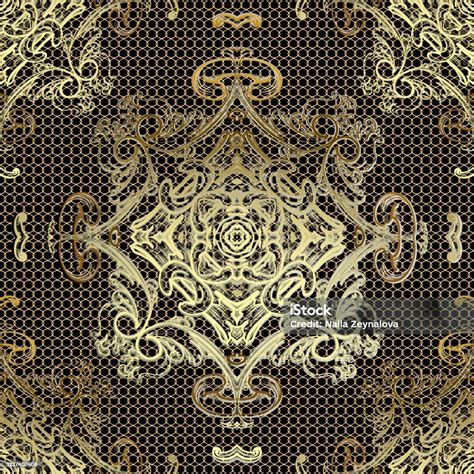골드 바로크 레이스 3d 벡터 원활한 패턴 레이스 우아함 배경 그물 배경을 반복합니다 빈티지 라인 아트 트레이서리 바로크 다 마스크 꽃 장식 질감 이 화려한 디자인 그리드