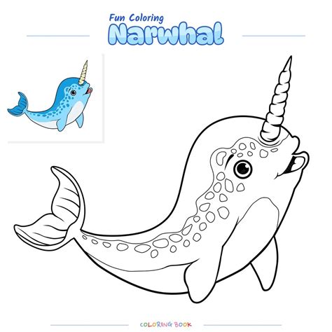 귀여운 만화 일각 고래 물고기 색칠 페이지 프리미엄 벡터