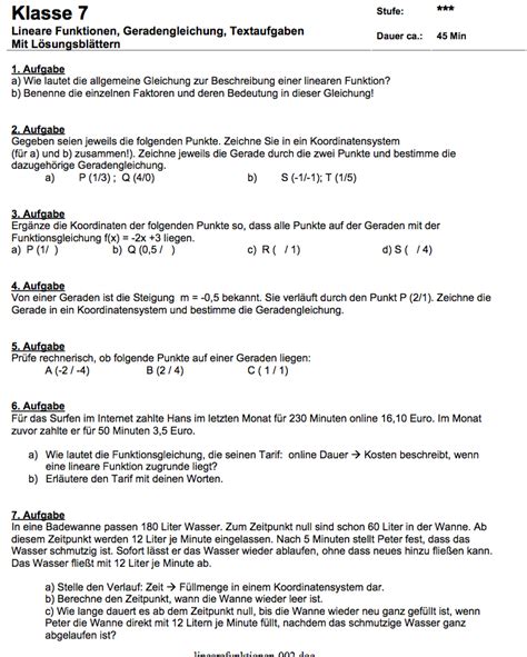 Arbeitsblatt Lineare Funktionen Mit Textaufgaben Matheaufgaben Mathefritz