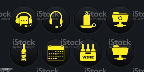 와인 한 병 Ftp 동기화 새로 고침 달력 병 상자 불타는 촛대 및 마이크 아이콘이있는 헤드폰을 설정합니다 벡터 Brand