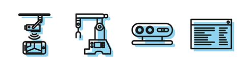 세트 라인 3d 스캐닝 시스템 무선 제어 Cctv 보안 카메라 조립 라인 및 소프트웨어 웹 개발자 프로그래밍 코드 아이콘 벡터 공장 산업 건물에 대한 스톡 벡터 아트 및