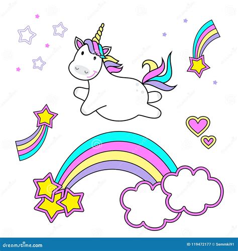 Unicórnio Estrelas Mágicas E Arco íris Bonitos Isolados No Fundo Branco Cartaz Cartão