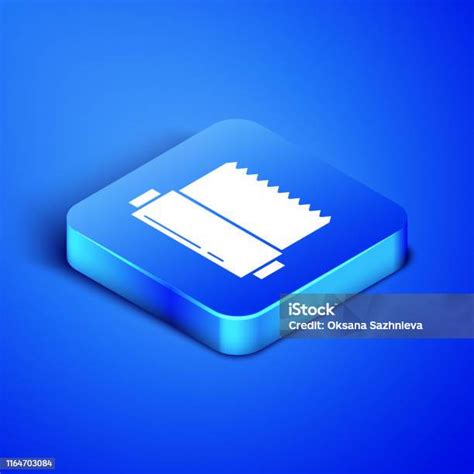 파란색 배경에 격리 된 등각 투영 직물 직물 롤 아이콘입니다 롤 매트 양탄자 천 카펫 또는 종이 롤 아이콘 파란색 사각형 버튼입니다 벡터 일러스트레이션 공예에 대한 스톡