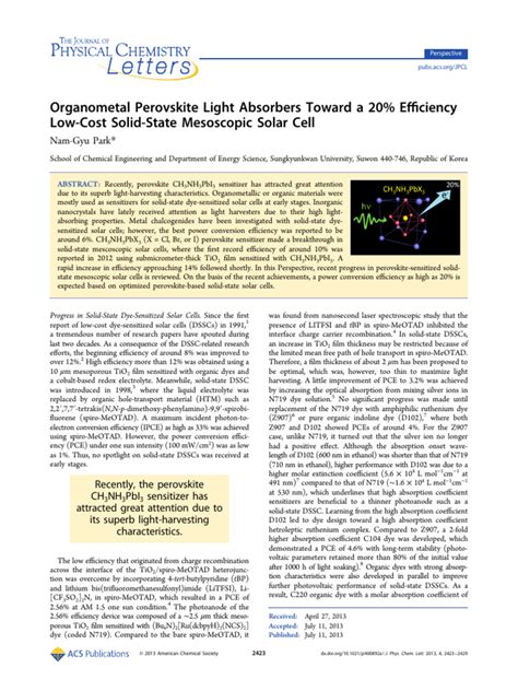 Organometal Perovskite Light Absorbers Toward A 20 Efficiency Low Cost