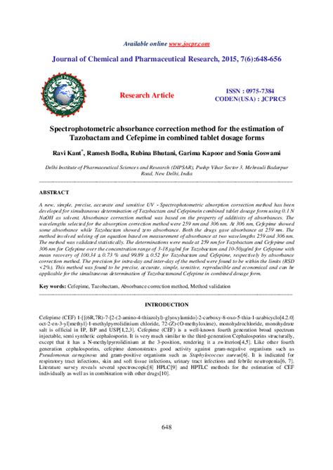 Pdf Spectrophotometric Absorbance Correction Method For The Estimation Of Tazobactam And