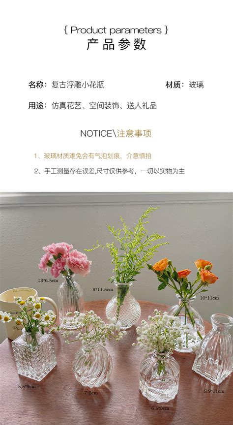 Ins风网红法式浮雕花瓶摆件客厅透明玻璃简约水养插花干花器鲜花 阿里巴巴