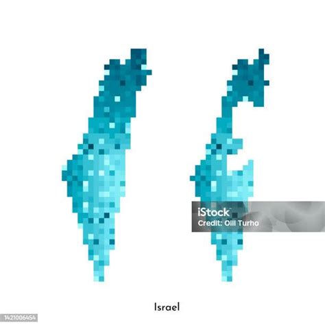 이스라엘지도의 단순한 얼음 같은 파란색 모양으로 벡터 일러스트 레이 션 Nft 템플릿의 픽셀 아트 스타일입니다 그라디언트 텍스처가 있는 점선 로고 0명에 대한 스톡 벡터