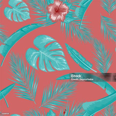 이국적인 추상적인 벡터 정글 또는 열 대 잎과 꽃 완벽 한 패턴입니다 벡터 일러스트입니다 푸른 잎과 빨간색 배경입니다 종려나무 잎에 대한 스톡 벡터 아트 및 기타 이미지