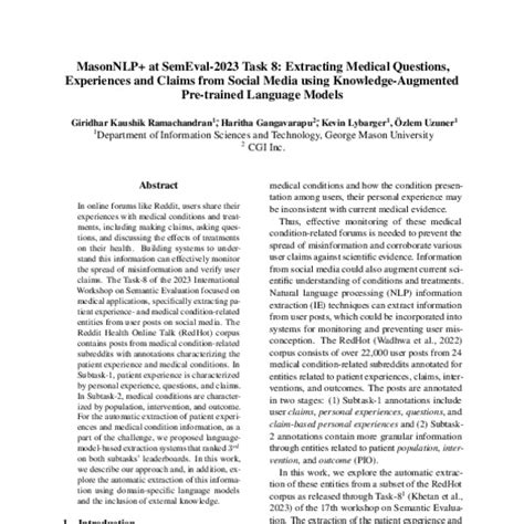 MasonNLP At SemEval 2023 Task 8 Extracting Medical Questions Experiences And Claims From