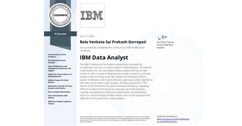 Completion Certificate For Ibm Data Analyst Bala Venkata Sai Prakash