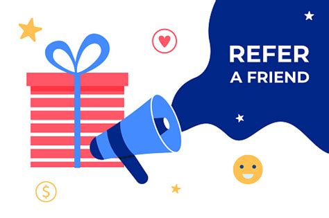 친구 개념을 참조하십시오 선물 상자 메가폰 및 레터링 추천 및 로열티 프로그램 가공의 인물에 대한 스톡 벡터 아트 및 기타 이미지 가공의 인물 개념 고객 Istock