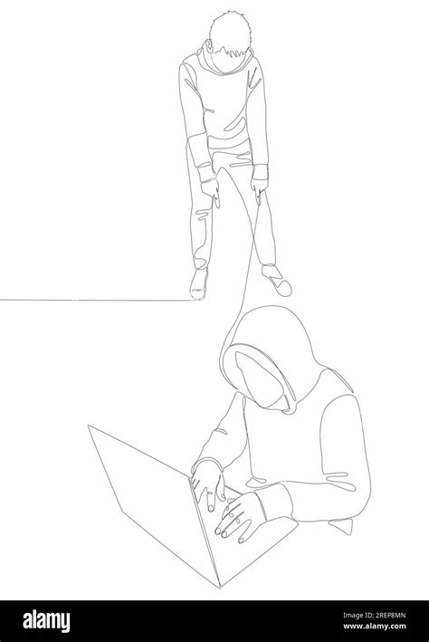 One Continuous Line Of Man Pointing With Finger At Hacker Men Using Laptop Thin Line