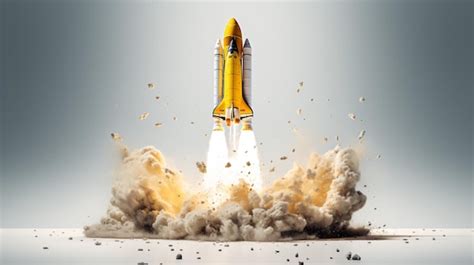 별이 빛나는 하늘 배경에 불길과 구름 연기로 로켓 발사 시작 우주 깊은 곳으로 이륙하는 비행기 셔틀 분위기의 우주선 여행 프리미엄 사진