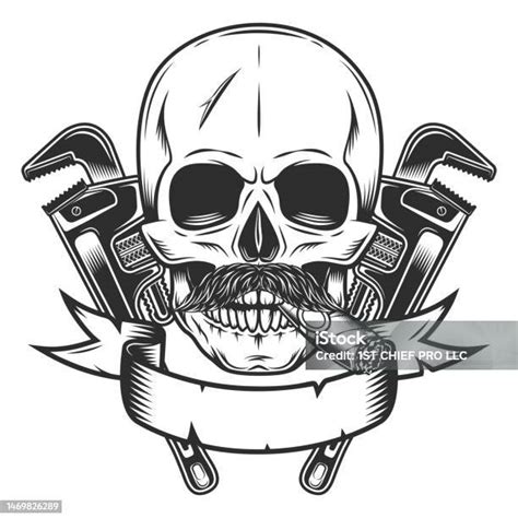 가스 및 빌더 배관 파이프 또는 차체 공장 정비사 스패너 수리 도구용 건설 렌치가 있는 콧수염이 있는 시가 또는 담배를 단색 스타일의 빈티지 벡터 일러스트레이션으로 연기하는