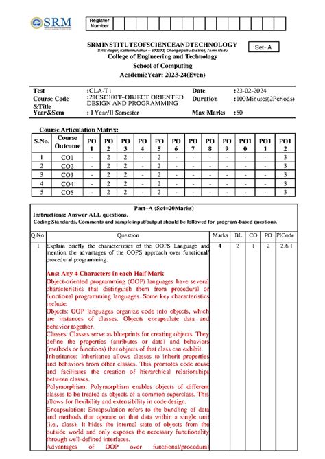 21csc101t Oodp Clat1 Set A Answerkey