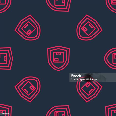 검은 색 배경에 쉴드 아이콘 격리 된 원활한 패턴과 레드 라인 배달 보안 배달 보험 방패 너머에 있는 골판지 상자 벡터 고급에 대한 스톡 벡터 아트 및 기타 이미지 Istock