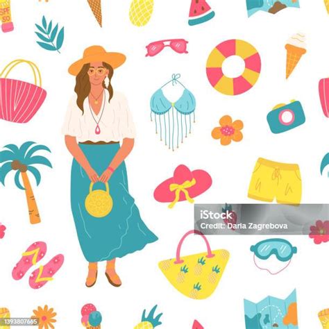 소녀 옷 야자수 과일 및 아이스크림과 여름 원활한 패턴 벡터 밝은 인쇄 가방에 대한 스톡 벡터 아트 및 기타 이미지 가방 개체 그룹 건강한 생활방식 Istock