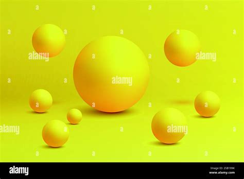 Glossy Yellow Spheres Resting And Floating On A Vibrant Yellow Surface Creating A Dynamic