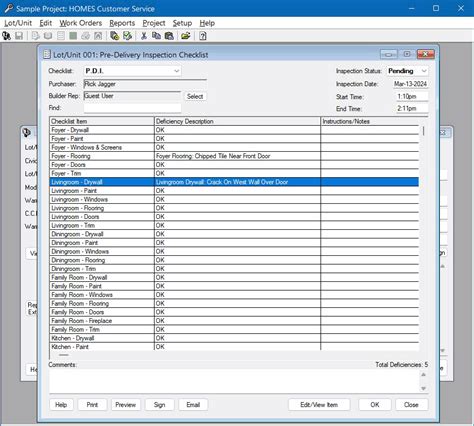 H O M E S Customer Service Pdi Checklist Screen Snapshot Software For Home Builders And Condo