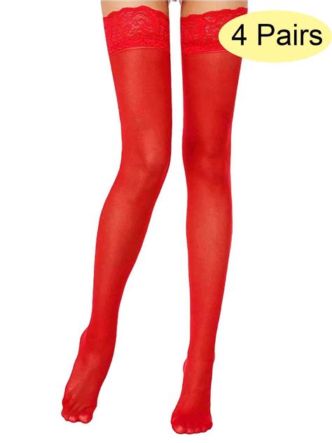 Lava 4 Pairs Womens Lace Top Sheer Thigh High Stockings Silicone Stay