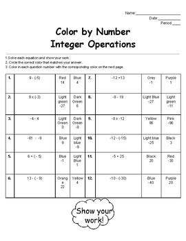 Color By Number Integer Operations By Phillip Ramirez TPT