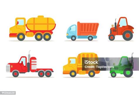 자동차의 다른 종류의 평면 벡터 집합입니다 세미 트레일러 트랙터 트럭 탱크 트럭 교통 이나 자동차 테마입니다 무거운 기계 0명에 대한 스톡 벡터 아트 및 기타 이미지