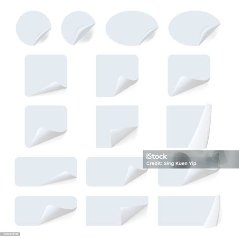 화이트 라벨 종이 스티커 스티커 메모 리마인더 및 벗겨 태그를위한 직사각형 원형 사각형 및 컬 가장자리 배지 Vector Illustrations 둥글게 말려진에 대한 스톡