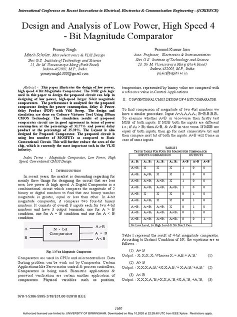 Design And Analysis Of Low Power High Speed 4 Bit Magnitude Comparator Pdf Logic Gate