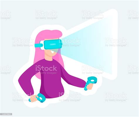 메타버스 가상 현실의 컨트롤러가 있는 Vr 헤드셋을 입은 여성 만화 스티커 디자인의 벡터 그림 Brand Name Video