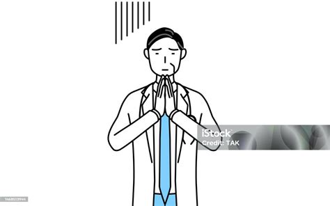 청진기가 달린 흰 코트를 입은 남성 의사 시니어 중년 베테랑이 몸 앞에서 손으로 사과하고 있다 건강 진단에 대한 스톡 벡터 아트 및 기타 이미지 Istock