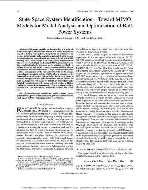 Pdf State Space System Identification Toward Mimo Models For Modal