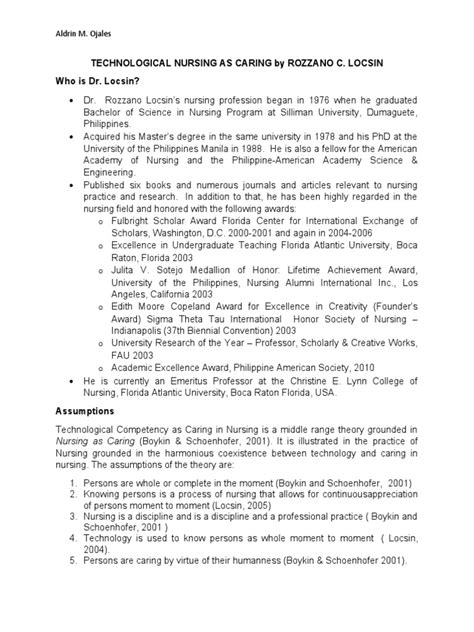 Technological Nursing As Caring By Rozzano C Locsin Who Is Dr Locsin Download Free Pdf