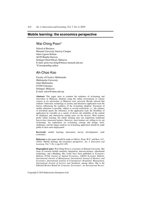 Pdf Mobile Learning The Economics Perspective