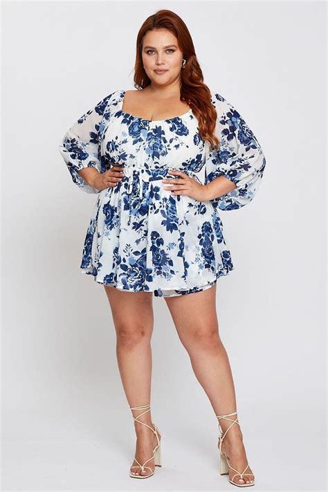 Plus Size Floral Print 34 Sleeve Blue Print Gather Flowy Playsuit You All Shop Online