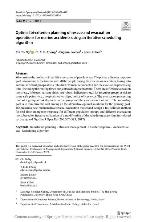 Optimal Bi Criterion Planning Of Rescue And Evacuation Operations For