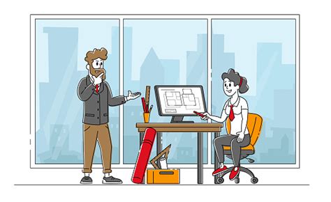 건축 계획에 사무실에서 작업 하는 건축가 문자입니다 디자이너 남자와 여자는 디자인 스튜디오 워크샵 또는 엔지니어 룸 아티스트 작업 공간에서 집 프로젝트를 만듭니다 선형 벡터