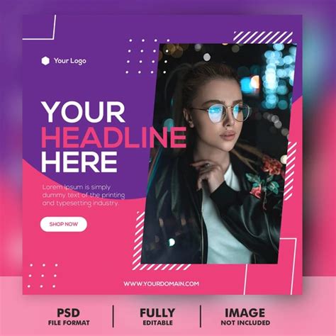 خرید و قیمت دانلود قالب لایه باز پست اینستاگرامی با کادر مستطیل و پس زمینه صورتی و بنفش ترب
