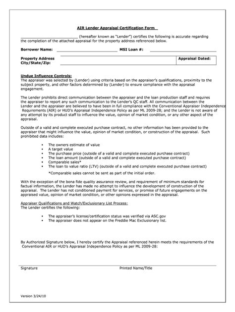 Air Lender Appraisal Certification Form Fill Online Printable Fillable Blank Pdffiller