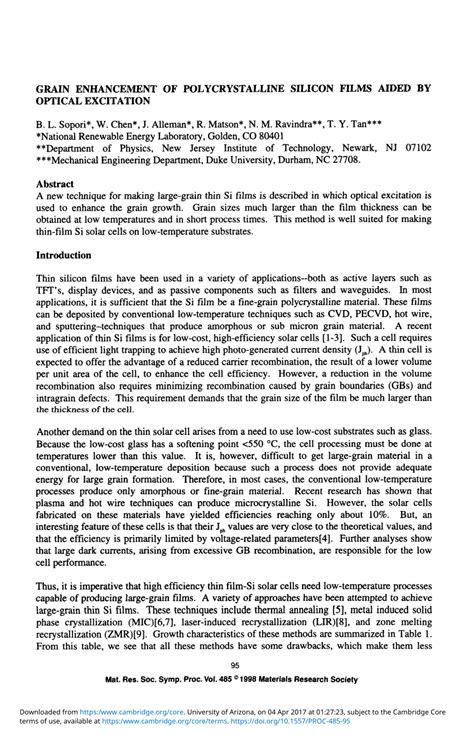 Pdf Grain Enhancement Of Polycrystalline Silicon Films Aided By Optical Excitation